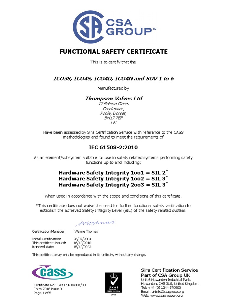 SIL Certification for Thompson Valves | PDF | Safety | Systems Engineering