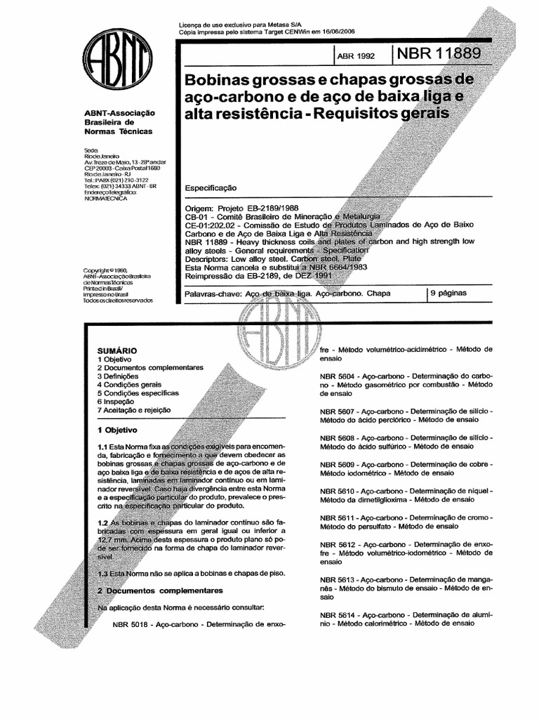 NBR-11889 - 1992 - Bobinas Grossas e Chapas Grossas de Aço-Carbono e ...