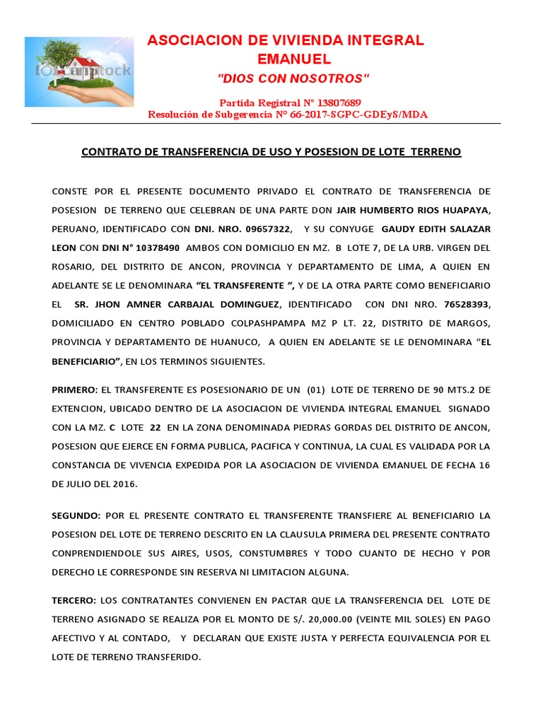 Contrato de Transferencia de Posesion de Terreno Jair 2020 Amner y ...