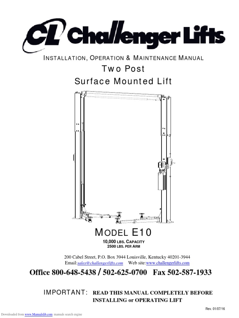 Two Post Surface Mounted Lift: I, O & M M | PDF | Elevator | Screw