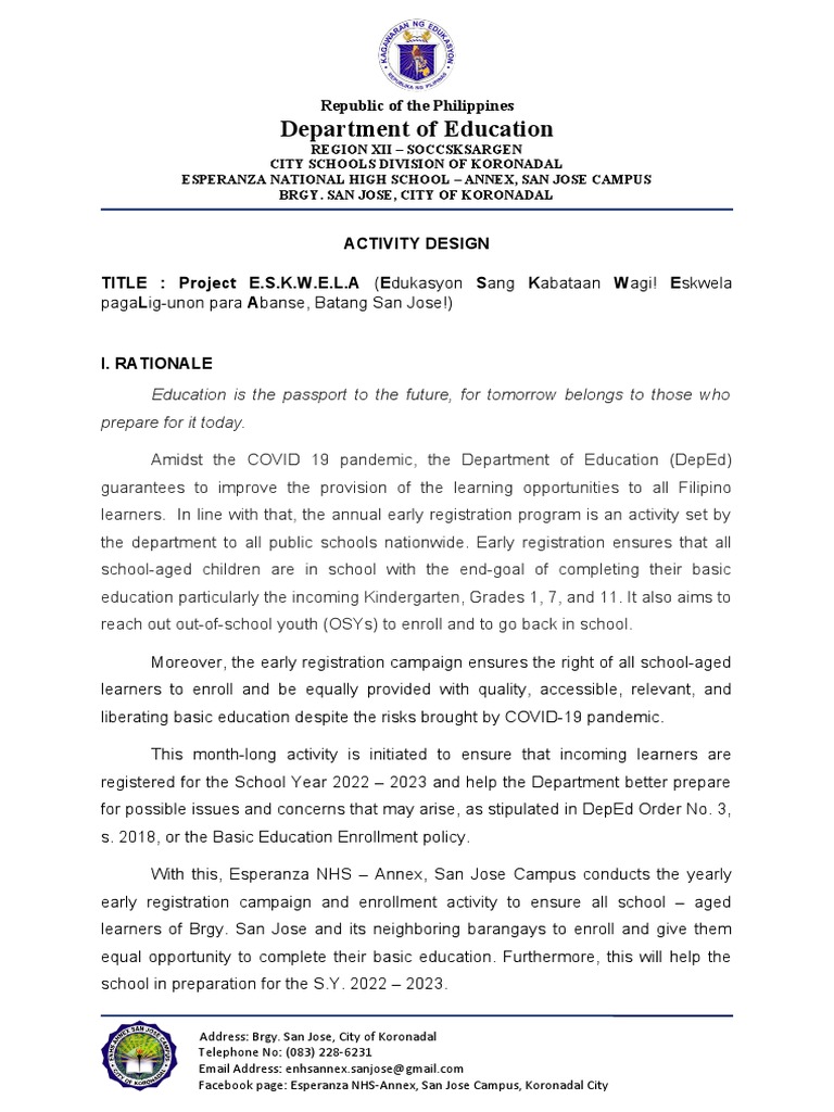 Activity Design - Enrollment Sy 2022 - 2023-Version 2 | PDF