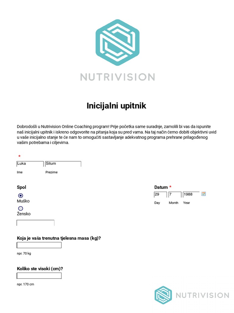 Nutrivision - Inicijalni Upitnik 2020 | PDF