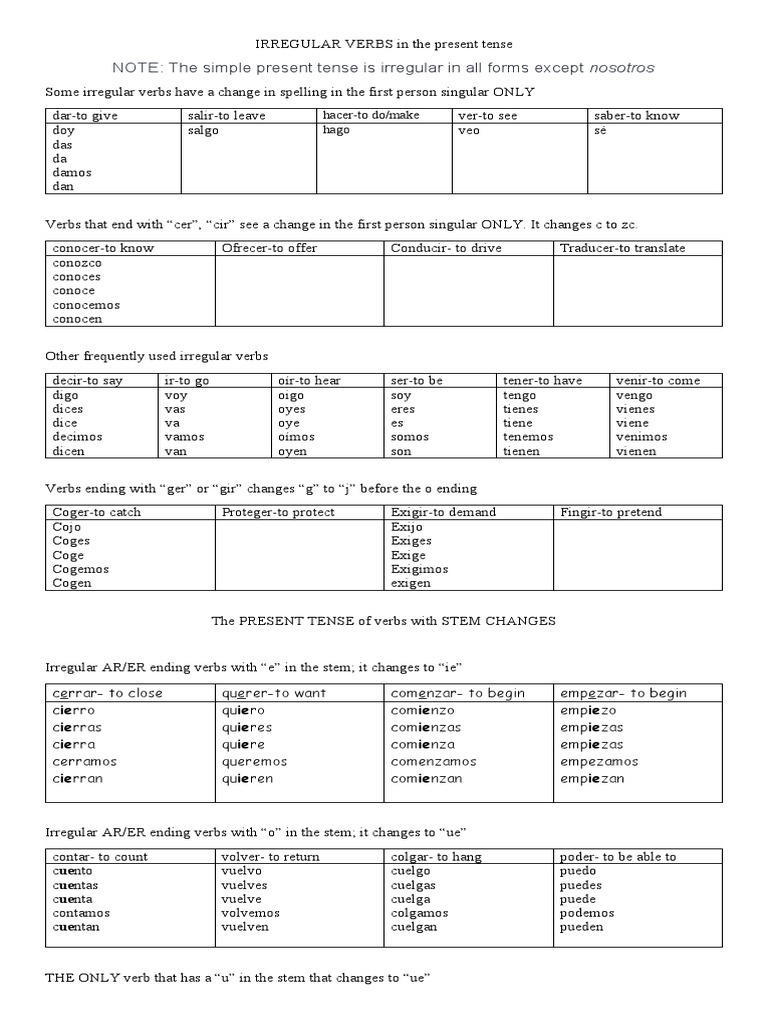 IRREGULAR VERBS in The Present Tense | PDF