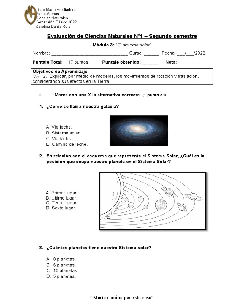 Evaluación Sistema Solar 3° Básico 2022 | PDF | Planetas | Luna