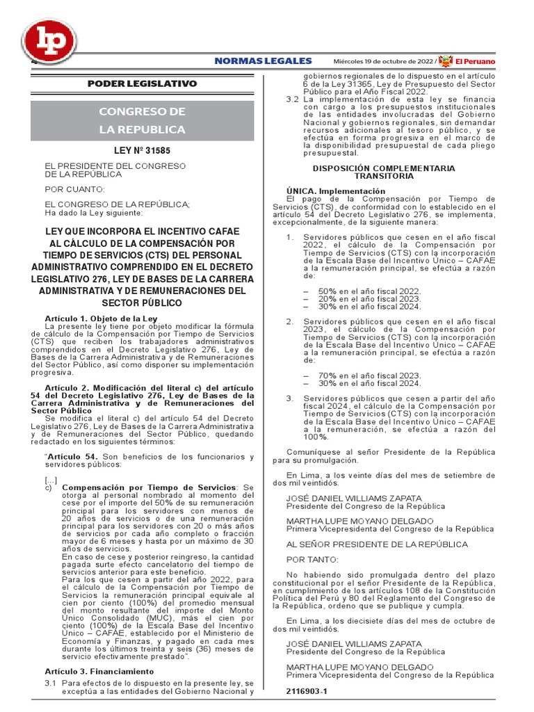 Ley 31585: Modificación CTS y CAFAE | PDF | Gobernancia | Gobierno
