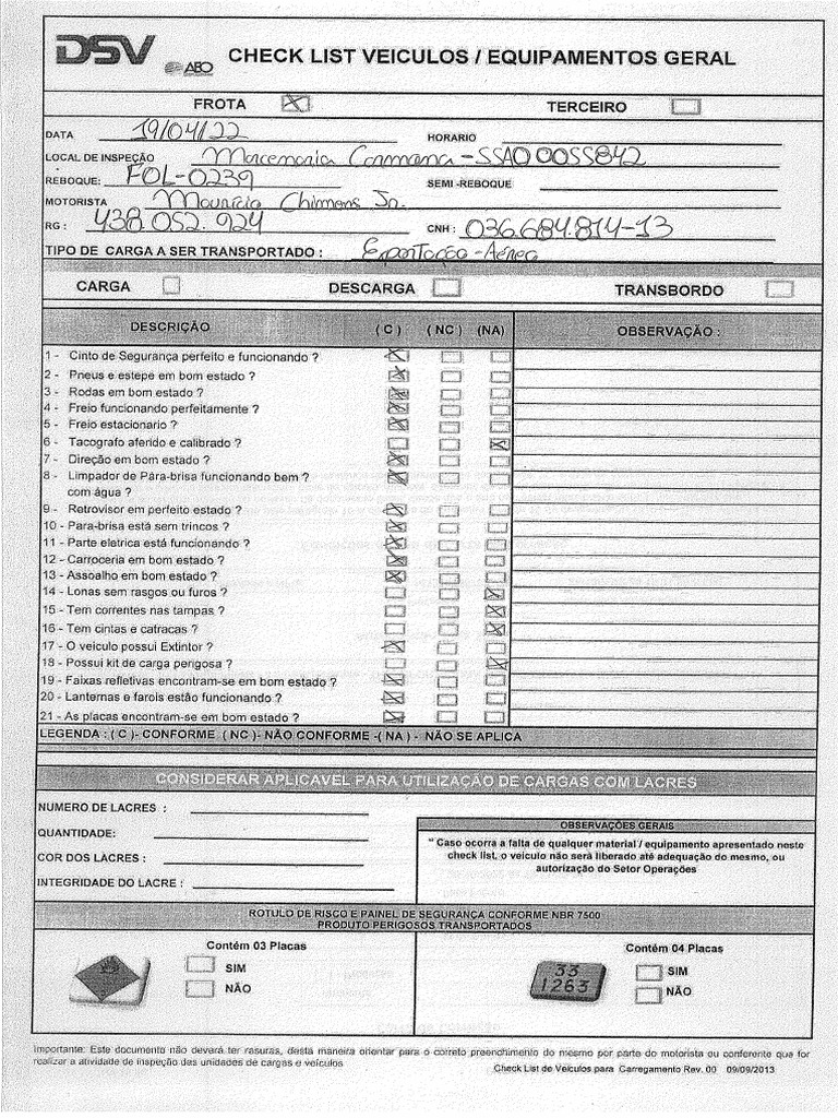 Checklist Maurício Jr. - Marcenaria - SSAO0055842 - 19.04.22 | PDF