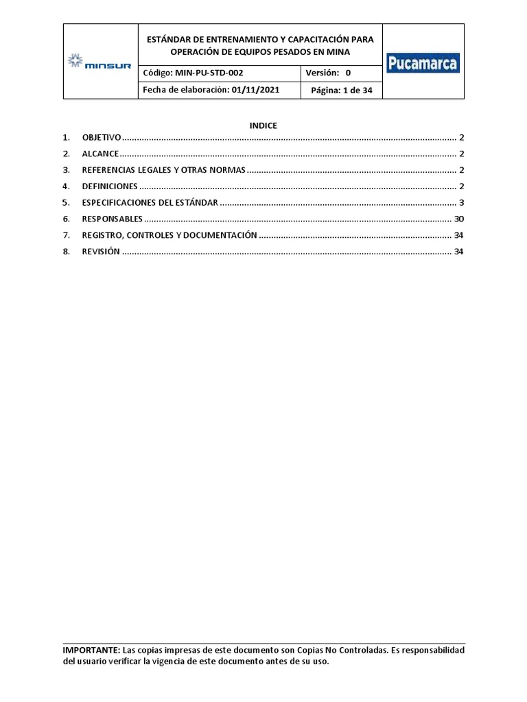 MIN-PU-STD-002 Entrenamiento y Capacitación Mina | PDF | Prueba ...