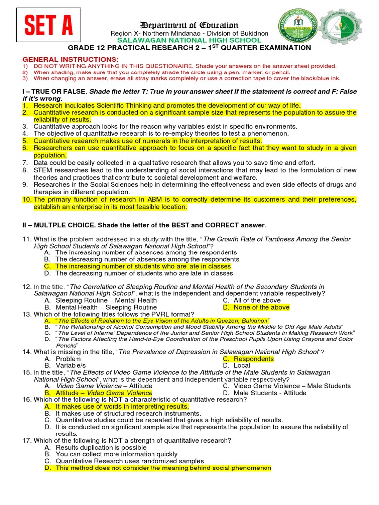 Grade 12 Research Exam Guide | PDF | Statistics | Quantitative Research