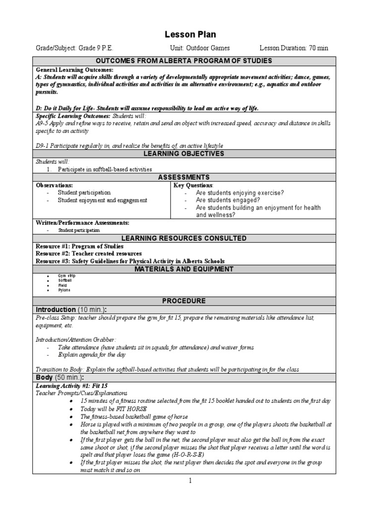 2022 Fall - Pe 9 Softball Lesson Plan 2 | PDF | Baseball Field | Softball