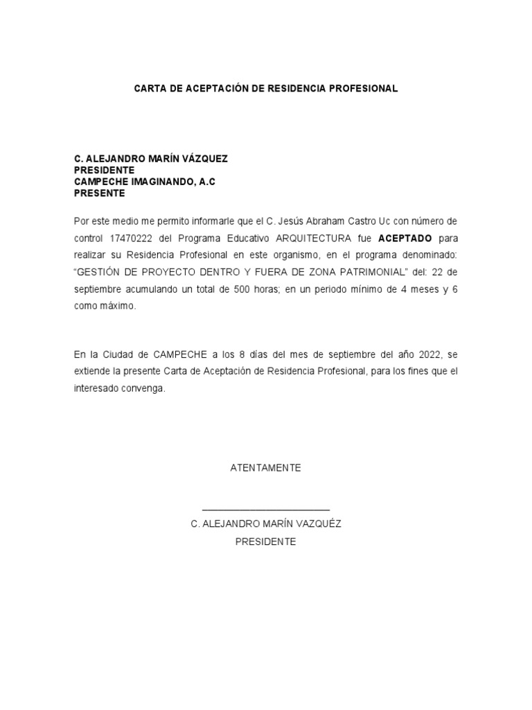 Carta De Aceptación De Residencia Profesional Pdf