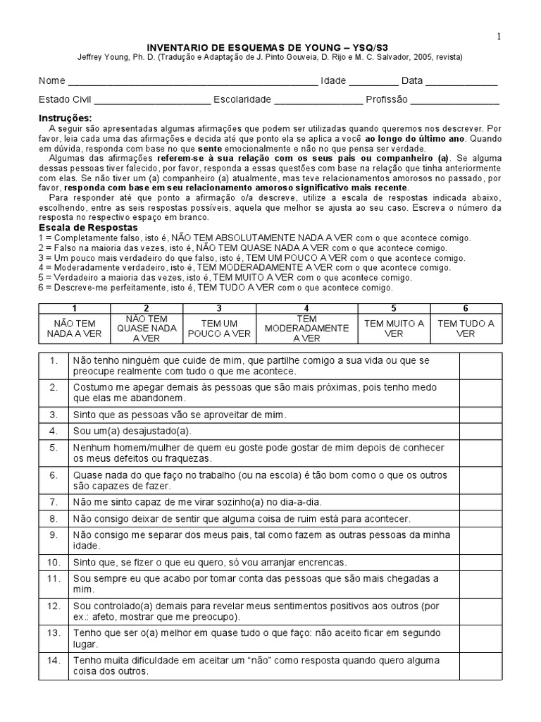 YSQ-S3 - Inventario Reduzido - Young | PDF | Amor