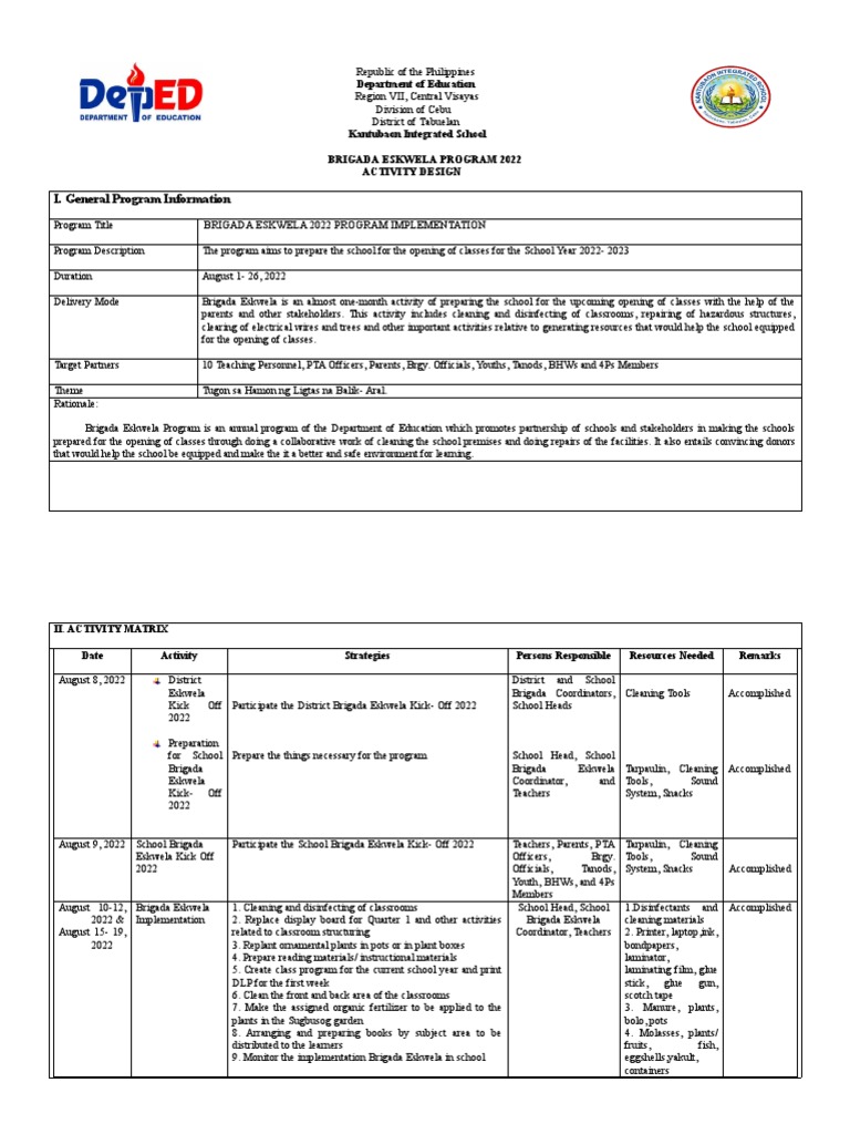KIS Activity Design For Brigada Eskwela 2022 1 | PDF | Cognition | Behavior Modification