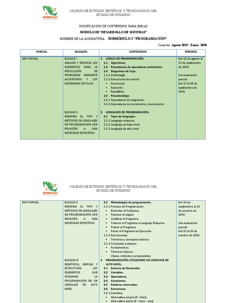 V Dosificación de Submódulo 2 Programación | PDF | Estructura de datos ...