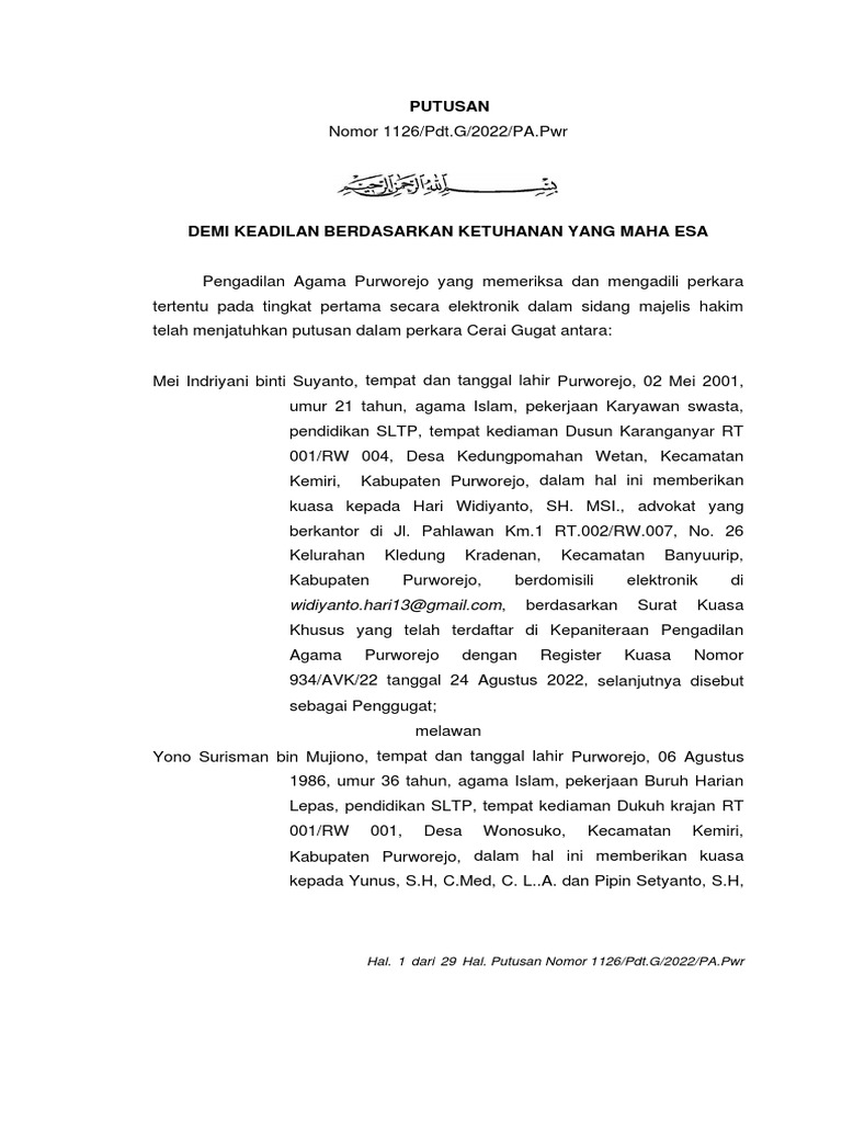 Salinan Putusan 1126 PDT G 2022 PA PWR | PDF