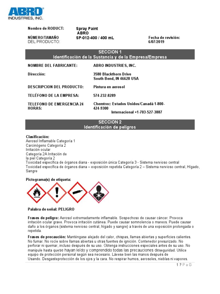 Hoja de Seguridad Aerosol Abro | PDF | Combustión | Agua