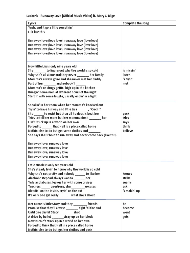 Runaway Love - Ludacris ft. Mary J. Blige Lyrics | PDF