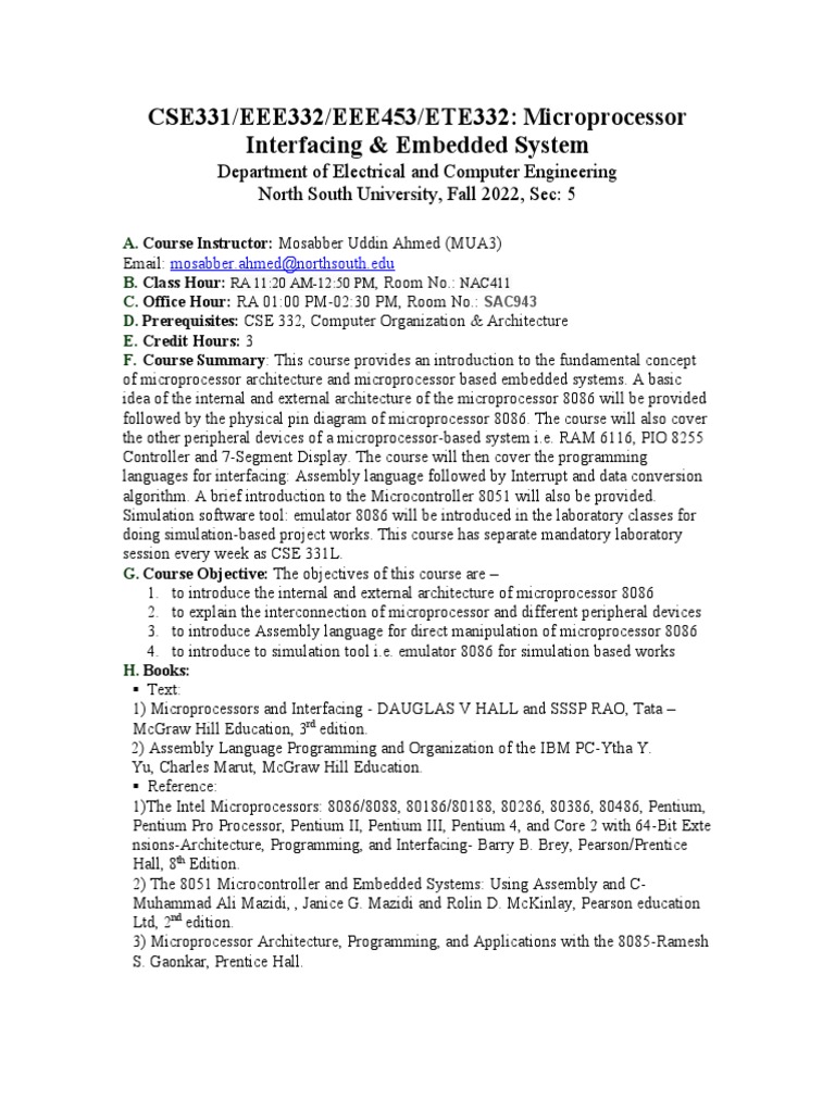 Microprocessor Interfacing And Embedded Systems Course Pdf Microcontroller Microprocessor