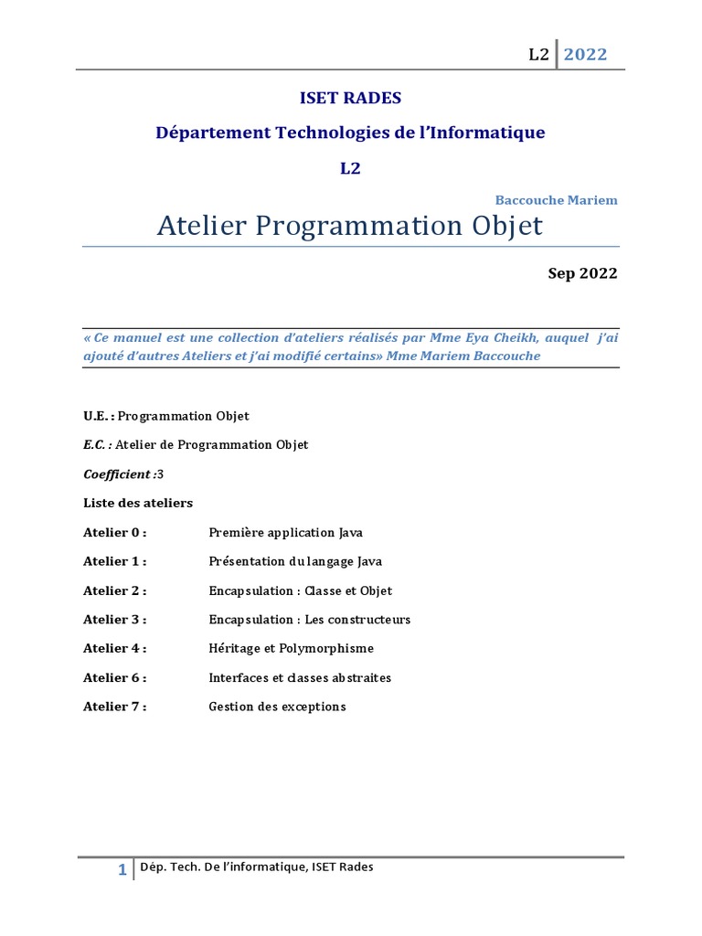 Atelier de Programmation Objet Java | PDF | Classe (informatique ...