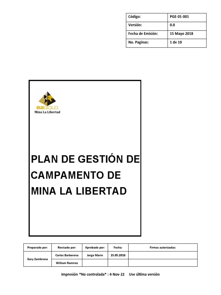 PGE-01-001 Plan de Gestión de Campamento de Mina La Libertad | PDF | Seguridad alimenticia ...