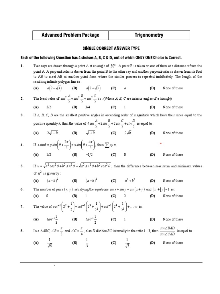 Trigonometry Advanced Worksheet | PDF | Triangle | Elementary Geometry