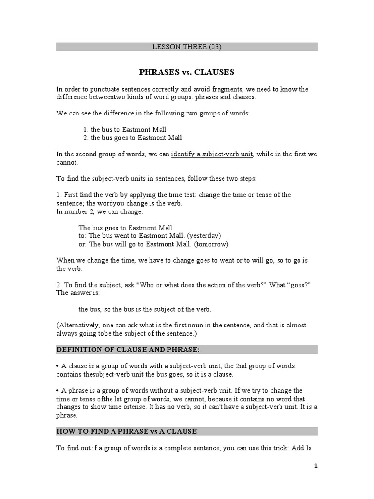 Phrases vs. Clauses: Definition of Clause and Phrase | PDF | Phrase | Verb