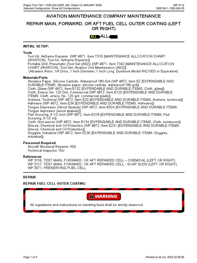 Aviation Maintenance Company Maintenance Repair Main, Forward, or Aft Fuel Cell Outer Coating ...