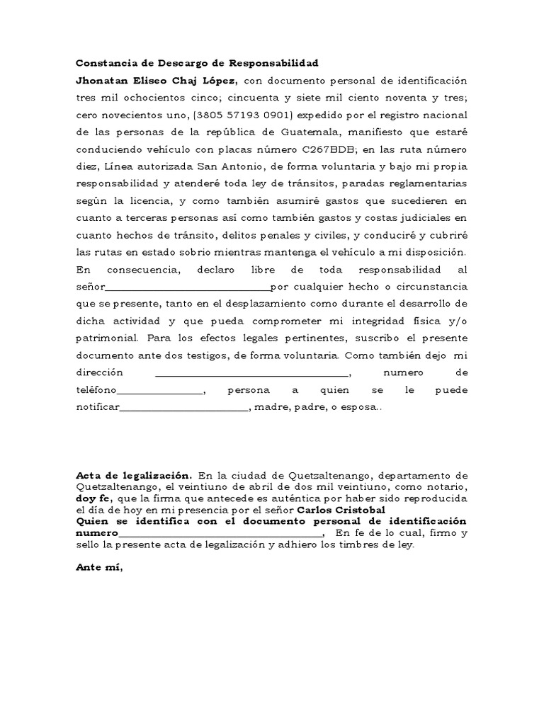 Carta Descargo de Responsabilidad | PDF