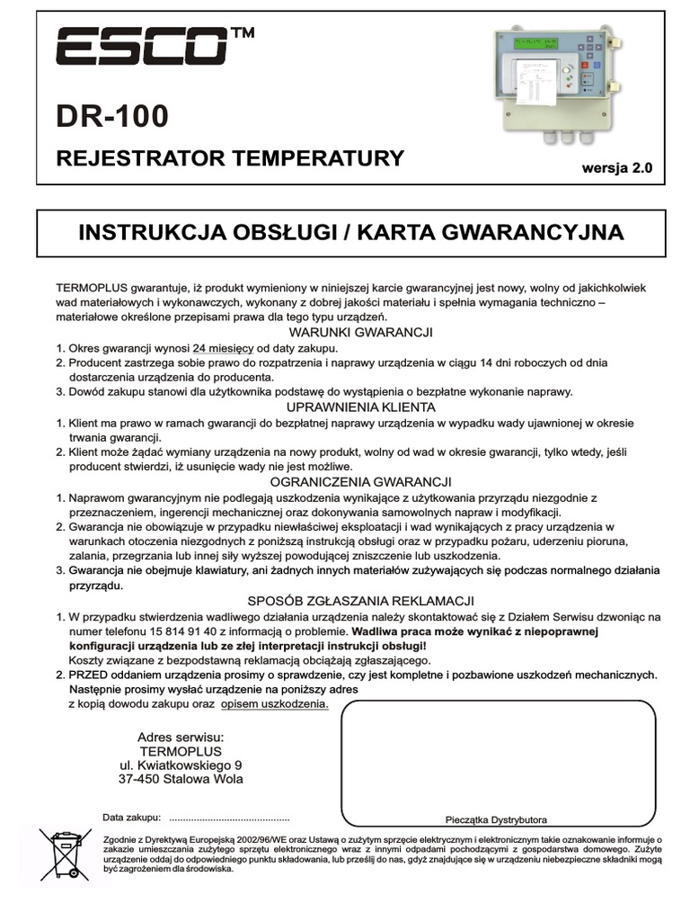 Rejestrator Temperatury Z Drukark ESCO DR 100 - Instrukcja Obs Ugi | PDF