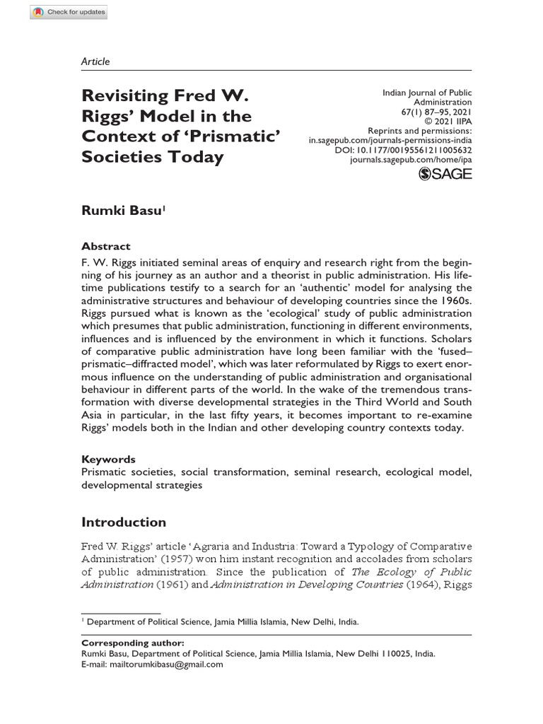 Revisiting Fred W. Riggs' Model in The Context of Prismatic' Societies ...
