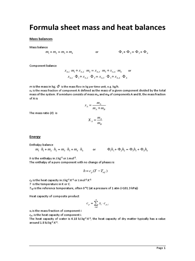 Formula Sheet Mass and Energy Balances | PDF | Membrane Technology | Heat Capacity