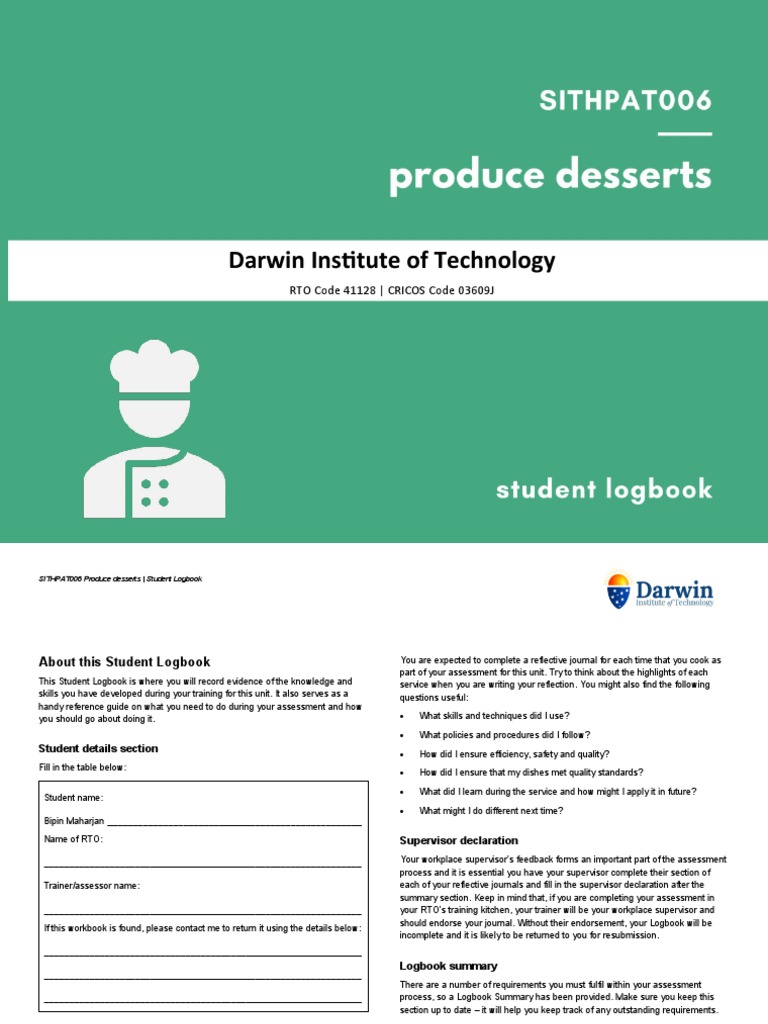 SITHPAT006 Student Logbook Guide | PDF | Desserts | Custard