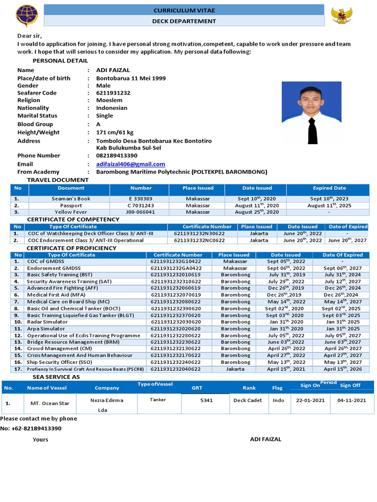 CV Adi Faizal | PDF | Shipping | Water Transport