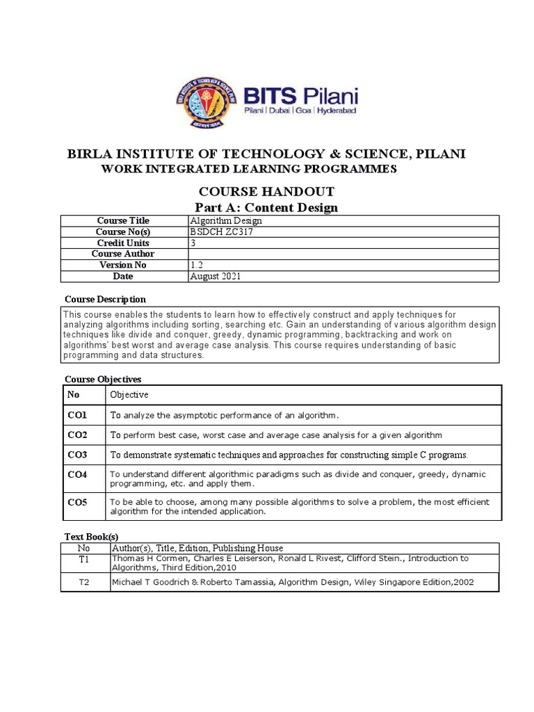 An In Depth Look At Algorithm Design Techniques A Course Handout For Bits Pilanis Algorithm
