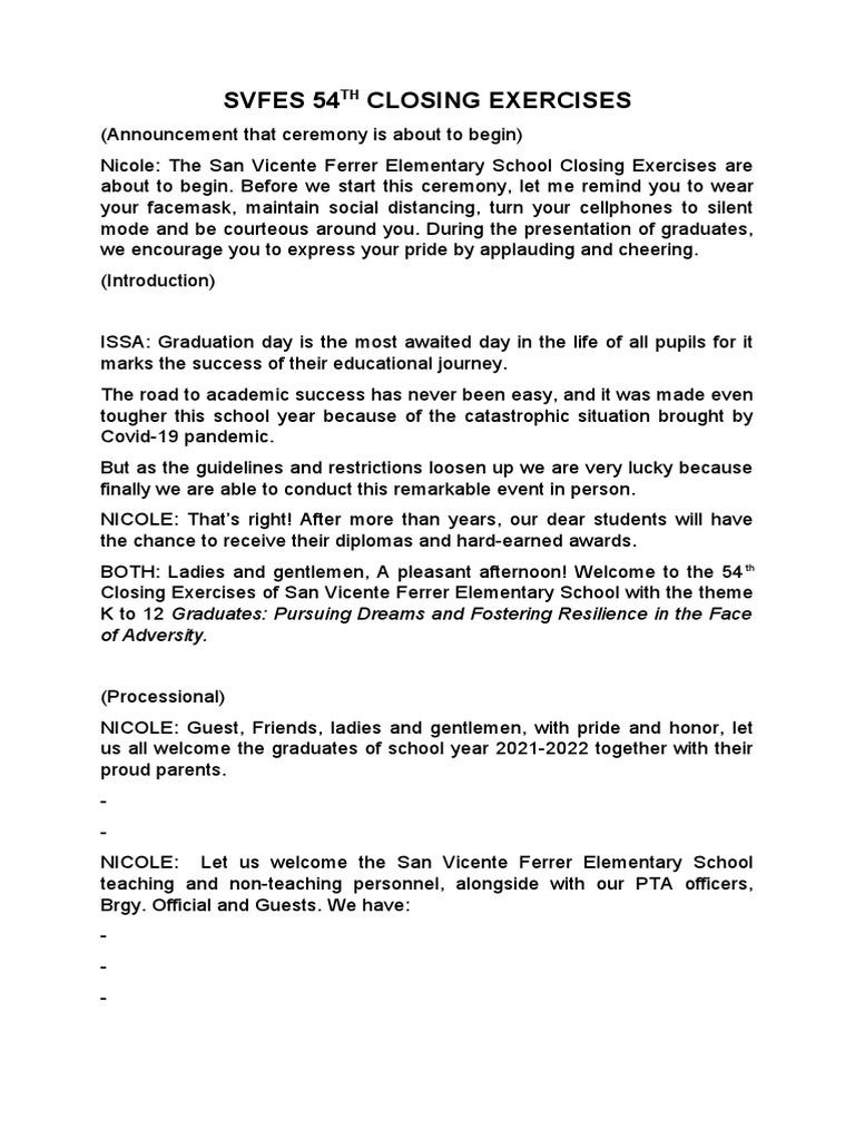 Svfes 54TH Closing Exercises-Script | PDF