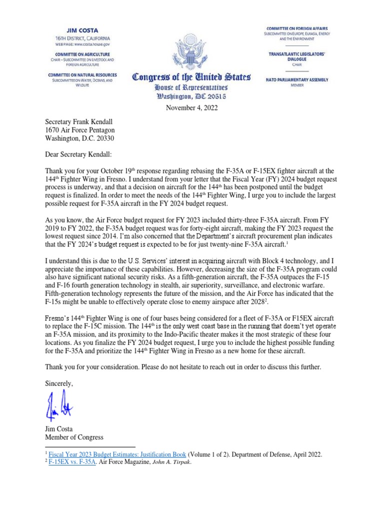 Costa 144th F-35A Letter | PDF | Lockheed Martin F 35 Lightning Ii | Mc ...