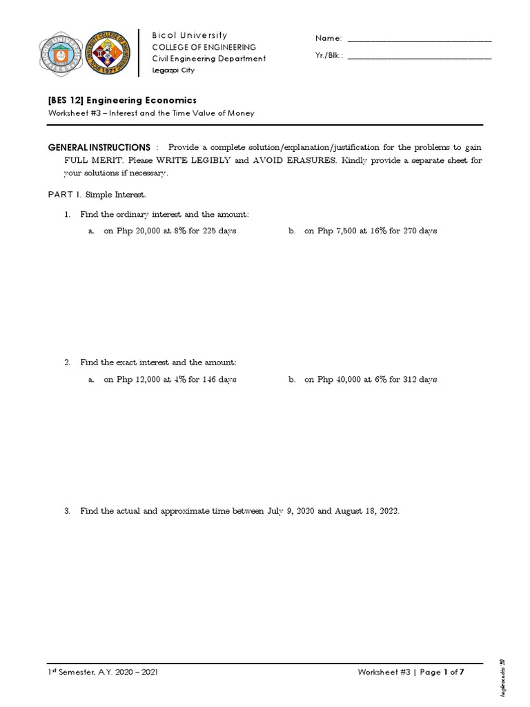 Worksheet 3 Interest and The Time Value of Money | PDF | Interest | Present Value