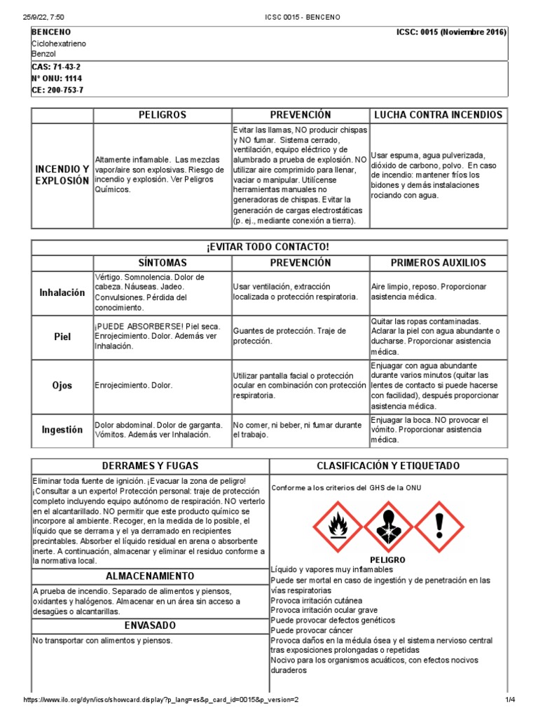 Ficha Internacional de Seguridad Quimica - ICSC 0015 - BENCENO | PDF | Agua | Leucemia