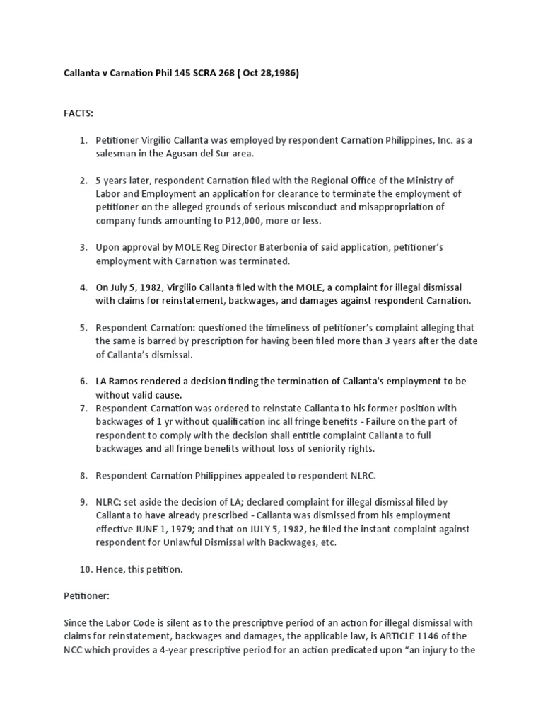 Illegal Dismissal Case: Callanta v. Carnation | PDF | Statute Of ...