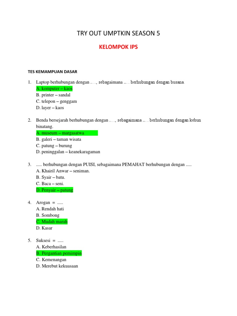 Try Out Umptkin Season 5 Tahun 2022 Kelompok Ips | PDF