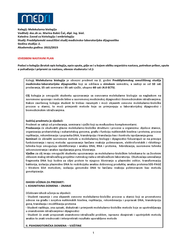 INP MLD Molekularna-Biologija 2022-23 | PDF