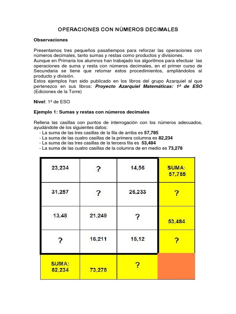 Operaciones Con Números Decimales: Observaciones | PDF | Matemáticas