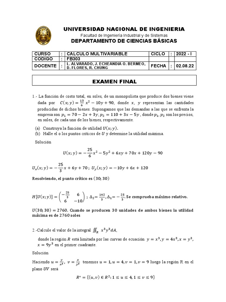 Solucionario Ef de FB303 2022-1 | PDF | Integral | Conceptos matemáticos