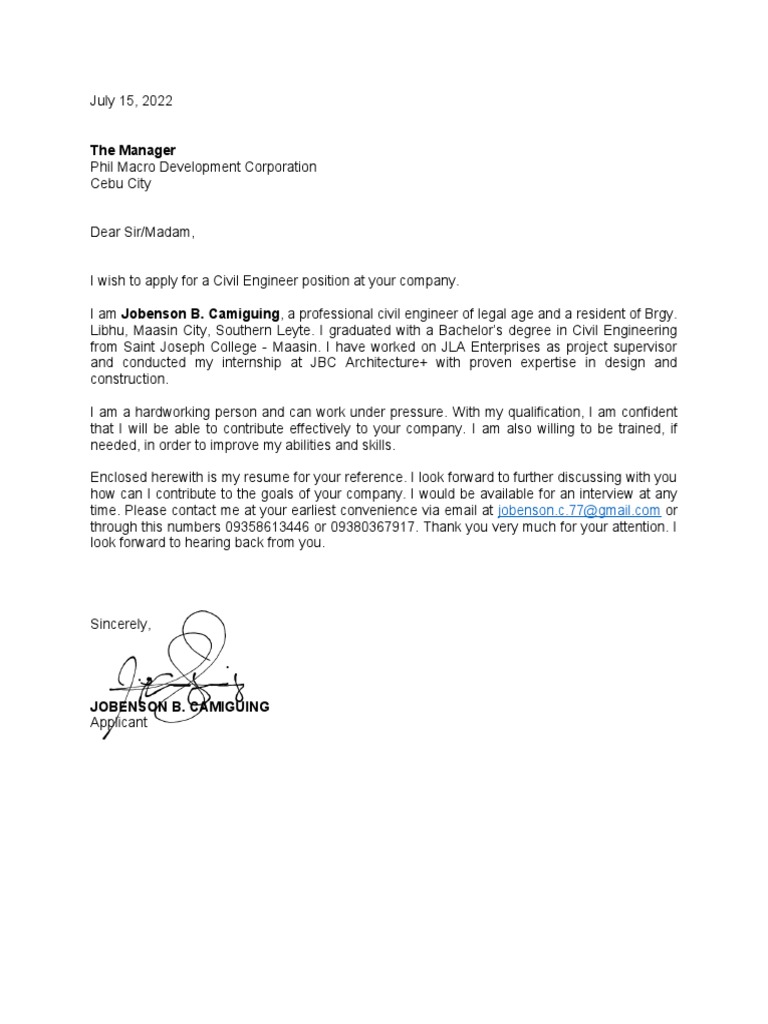 Civil Engineer Application by Jobenson Camiguing | PDF | Engineer | Résumé