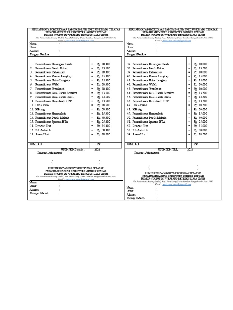 Biaya Lab dan IGD Puskesmas Teratak | PDF