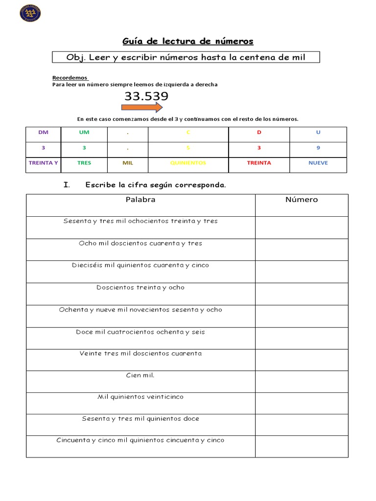Lectura y escritura de números hasta 100.000 | PDF