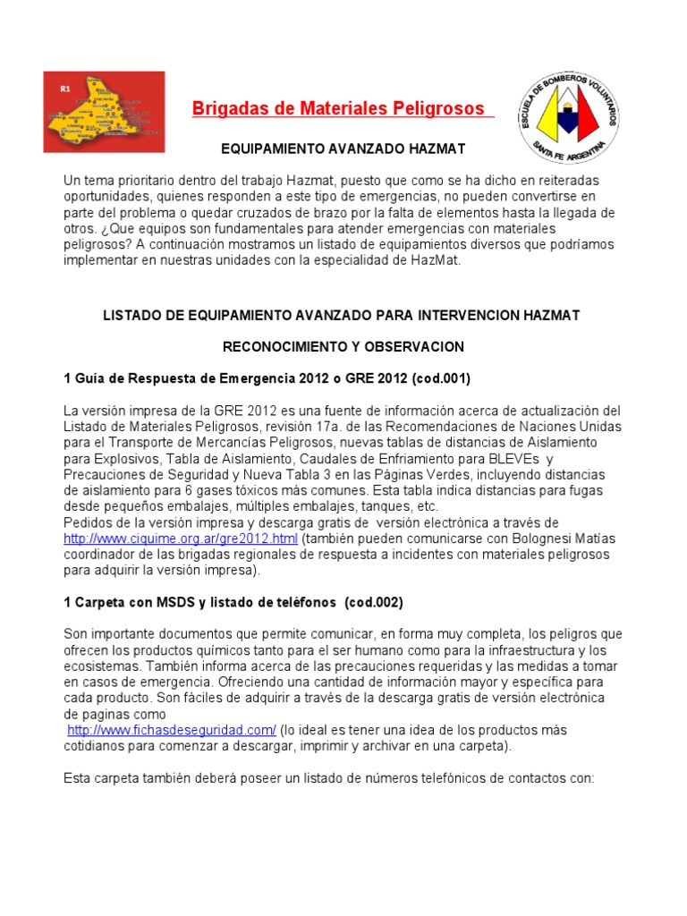 Listado de Equipamiento Avanzado para Intervencion Hazmat | PDF | Mercancías peligrosas | El ...
