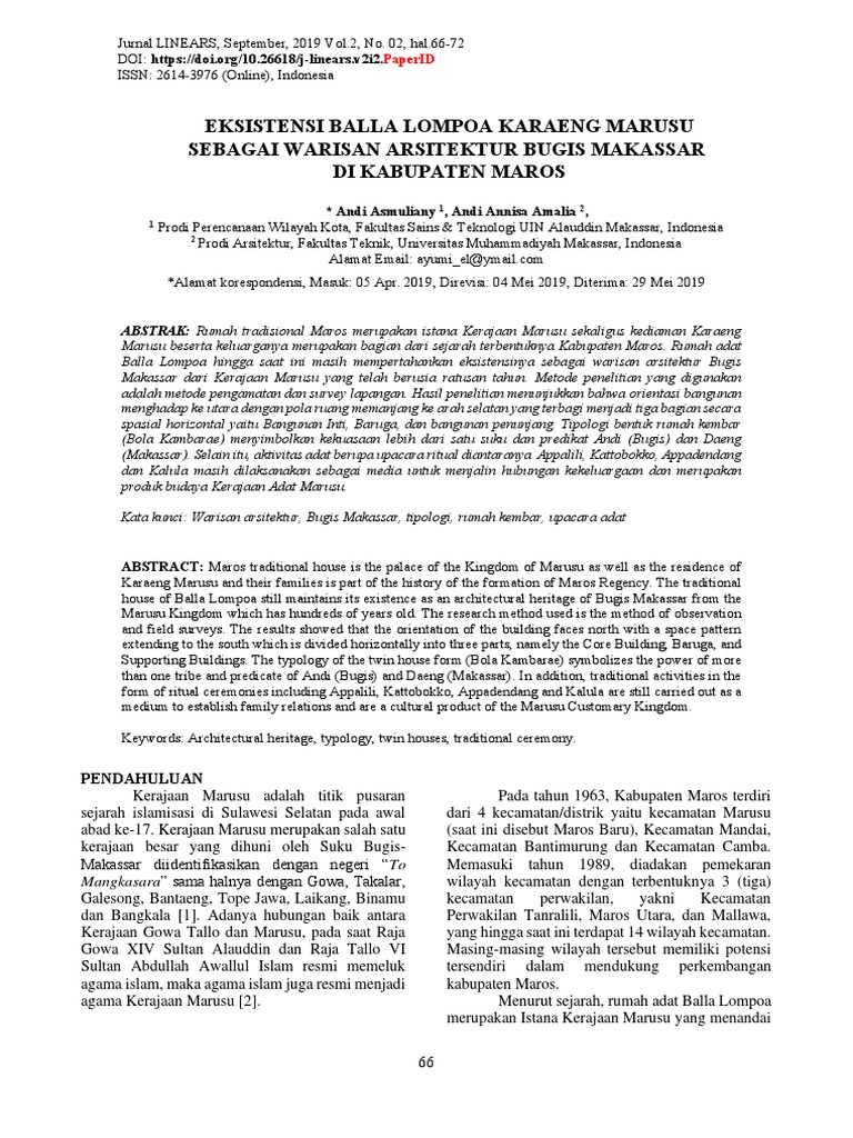 Eksistensi Balla Lompoa Karaeng Marusu Sebagai Warisan Arsitektur Bugis Makassar | PDF