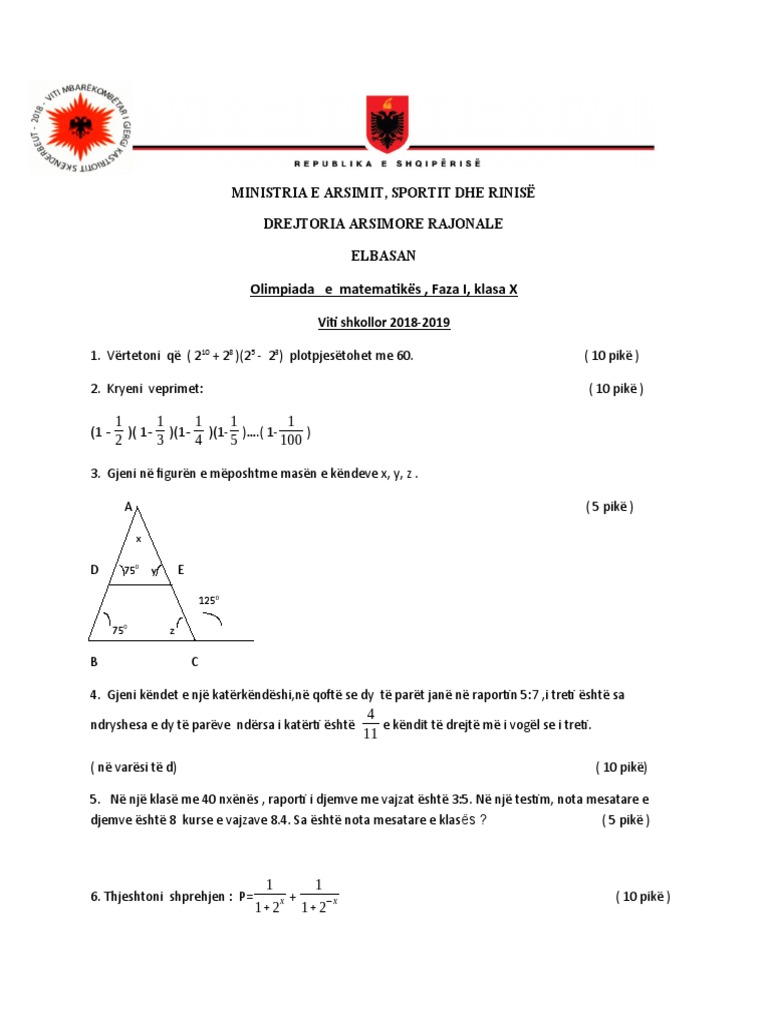 Olimpiada e Matematikes Klasa X Faza I Viti Shkollor 2018-2019 | PDF