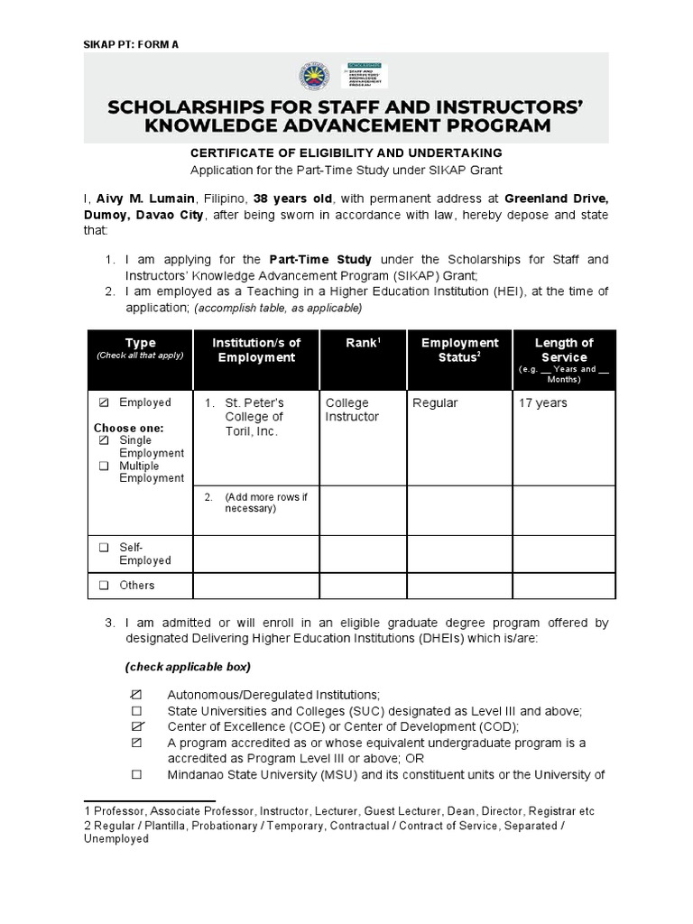 Form A. Certificate of Eligibility and Undertaking | PDF | Academic Degree | Academia