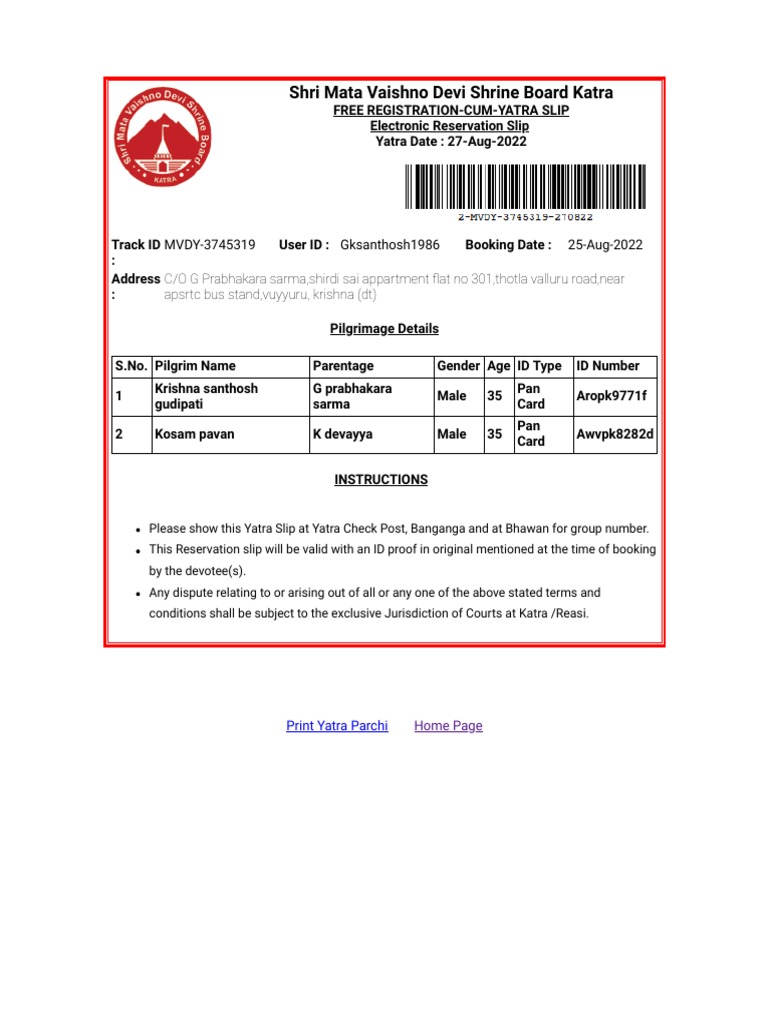 Shri Mata Vaishno Devi Shrine Board - Yatra Parchi Services | PDF ...